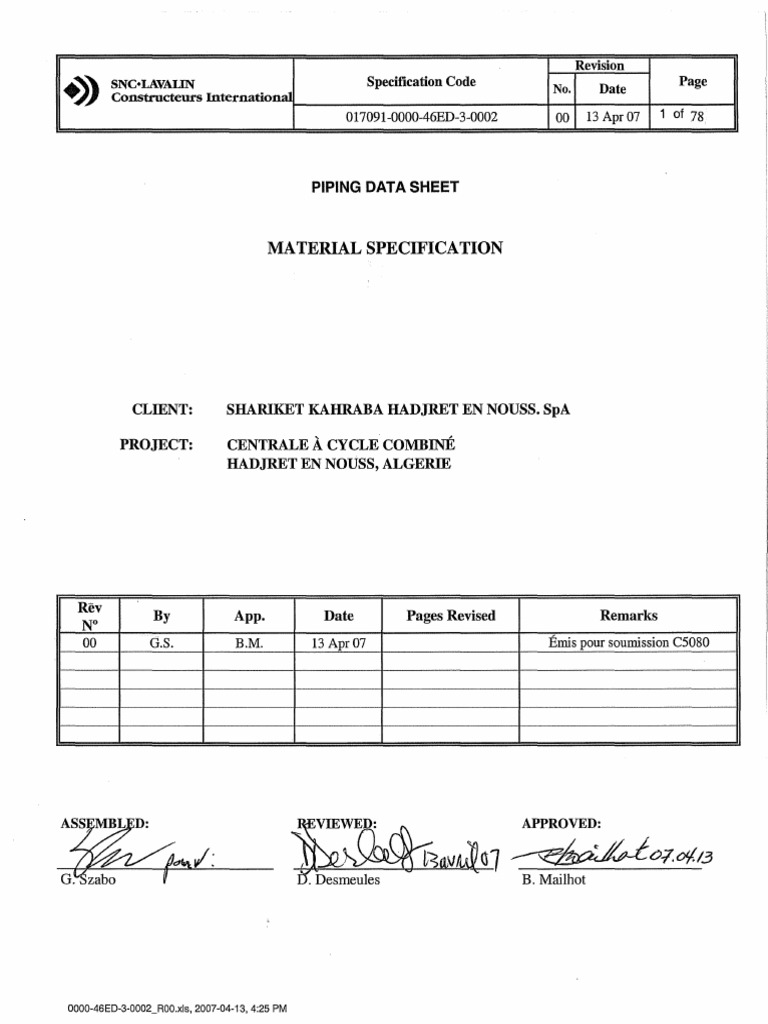 Material Specification: Piping Data Sheet | PDF