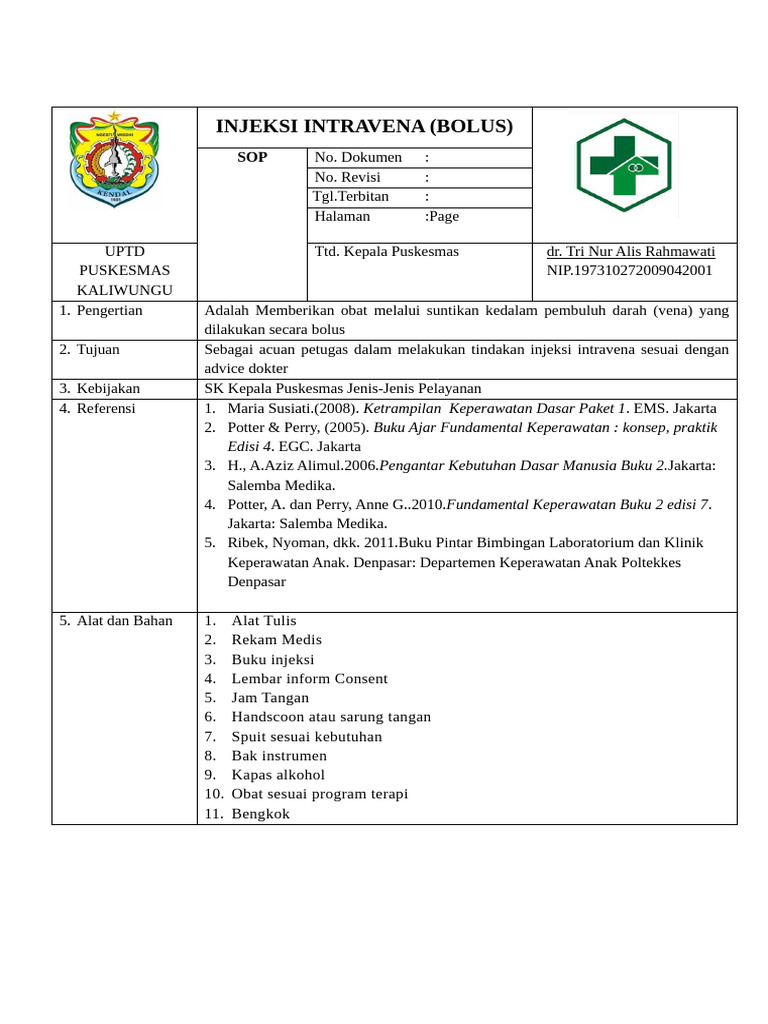 SOP INJEKSI INTRAVENA new 2021 | PDF