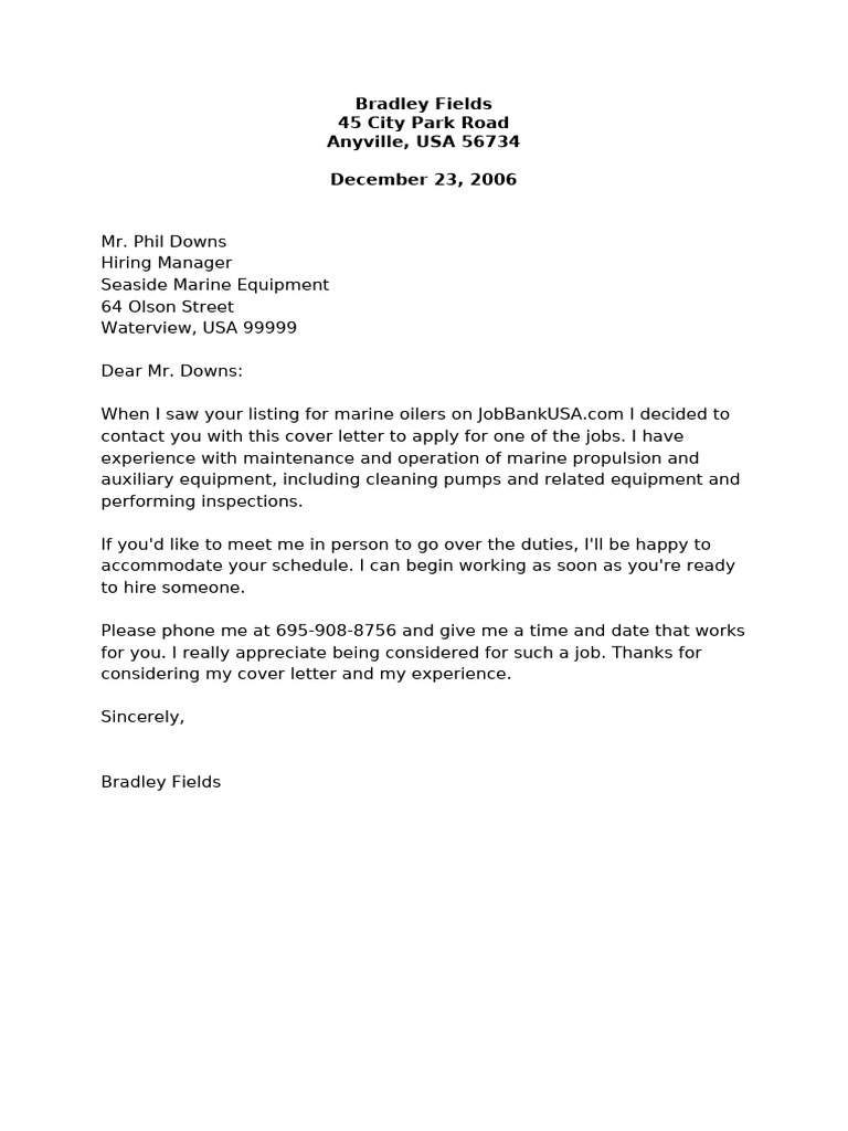 Letter of Application Marine Oiler | PDF