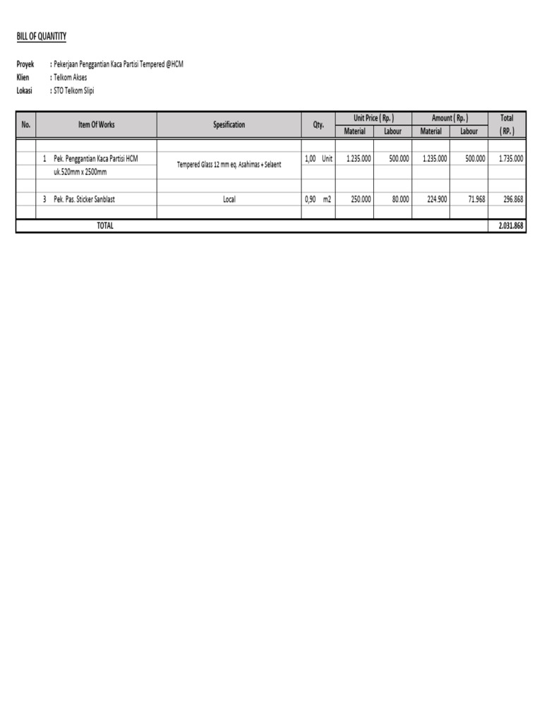 RAB Perbaikan Partisi Kaca Tempered @HCM | PDF