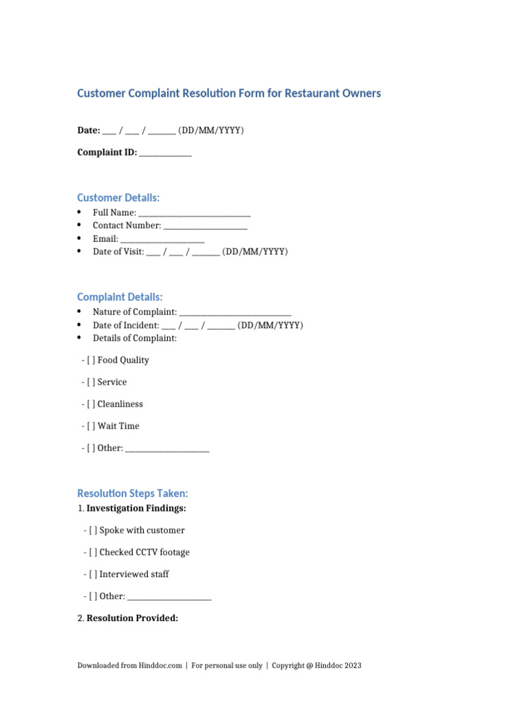 Restaurant Customer Complaint Form | PDF