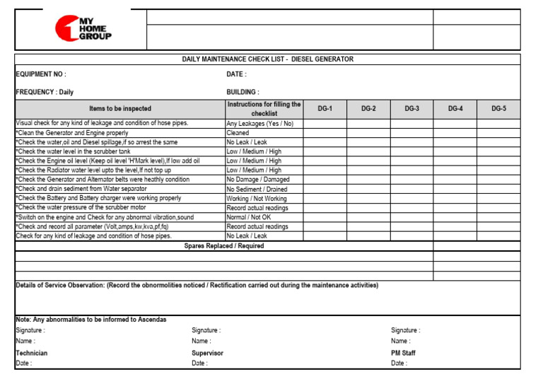 FM-PMD-10a-27 AI.DG MAINTENANCE CHECK LIST - DAILY | PDF