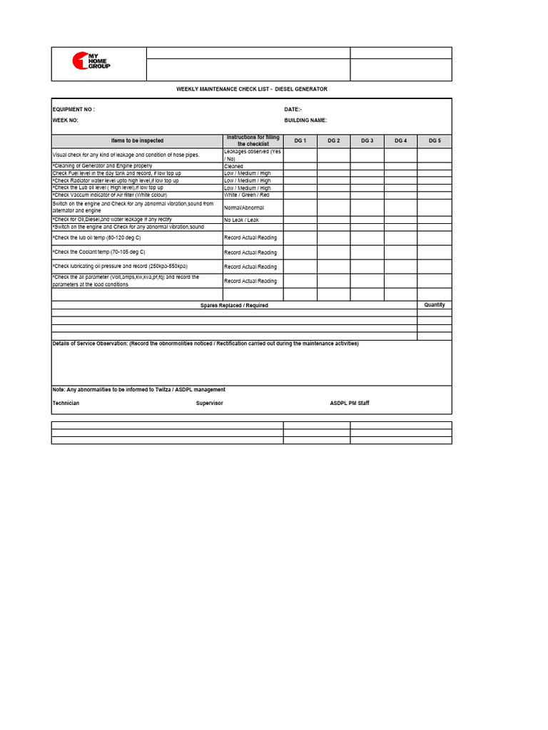FM-PMD-10a-02 DG MAINTENANCE CHECK LIST - WEEKLY | PDF | Mechanical ...