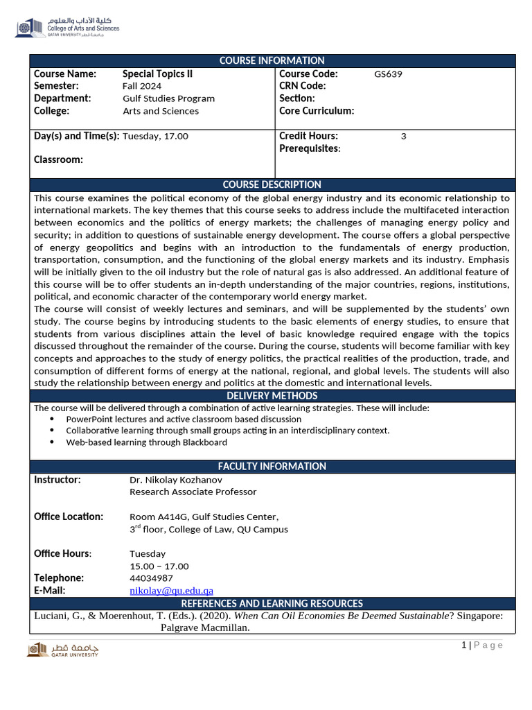 GS639 Special Topics II - Syllabus - Kozhanov 2024 | PDF