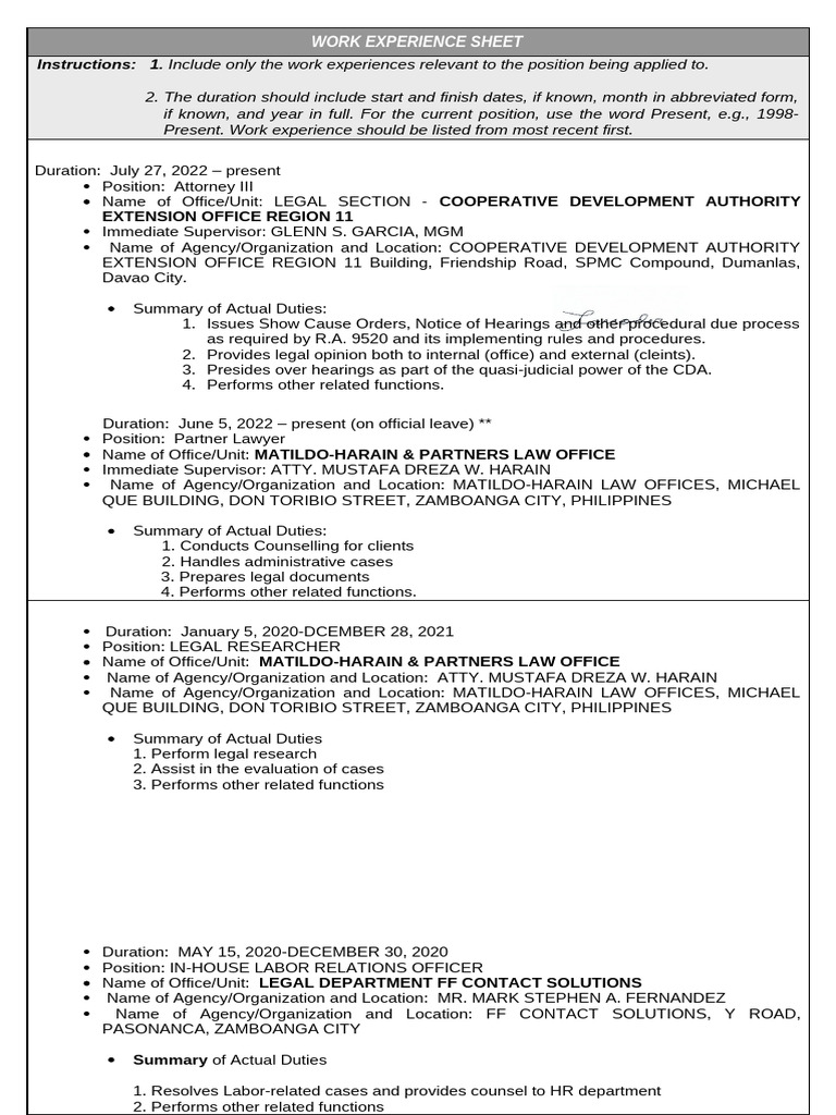 Cs Form No. 212 Attachment - Work Experience Sheet | PDF