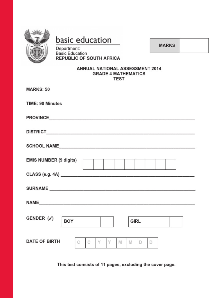 2014 ANA Grade 4 English Mathematics | PDF
