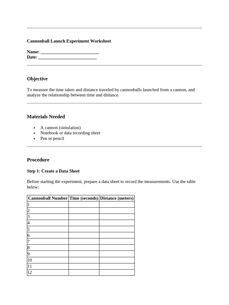 Cannonball Launch Experiment Worksheet | PDF