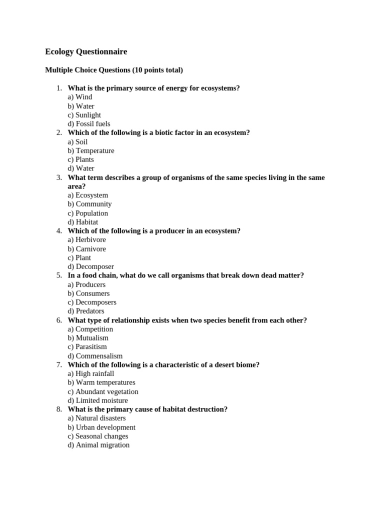 Ecology Questionnaire | PDF