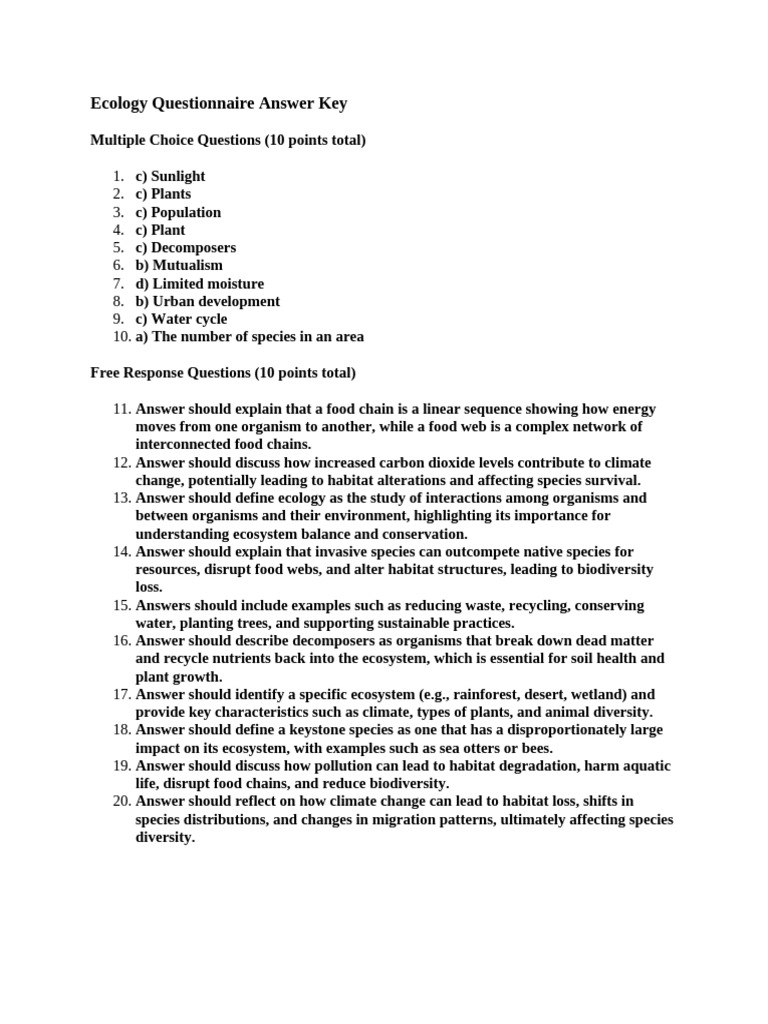 Ecology Questionnaire Answer Key | PDF