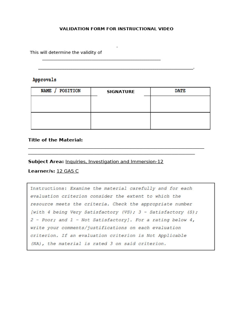 VALIDATION FORM FOR INSTRUCTIONAL VIDEO | PDF