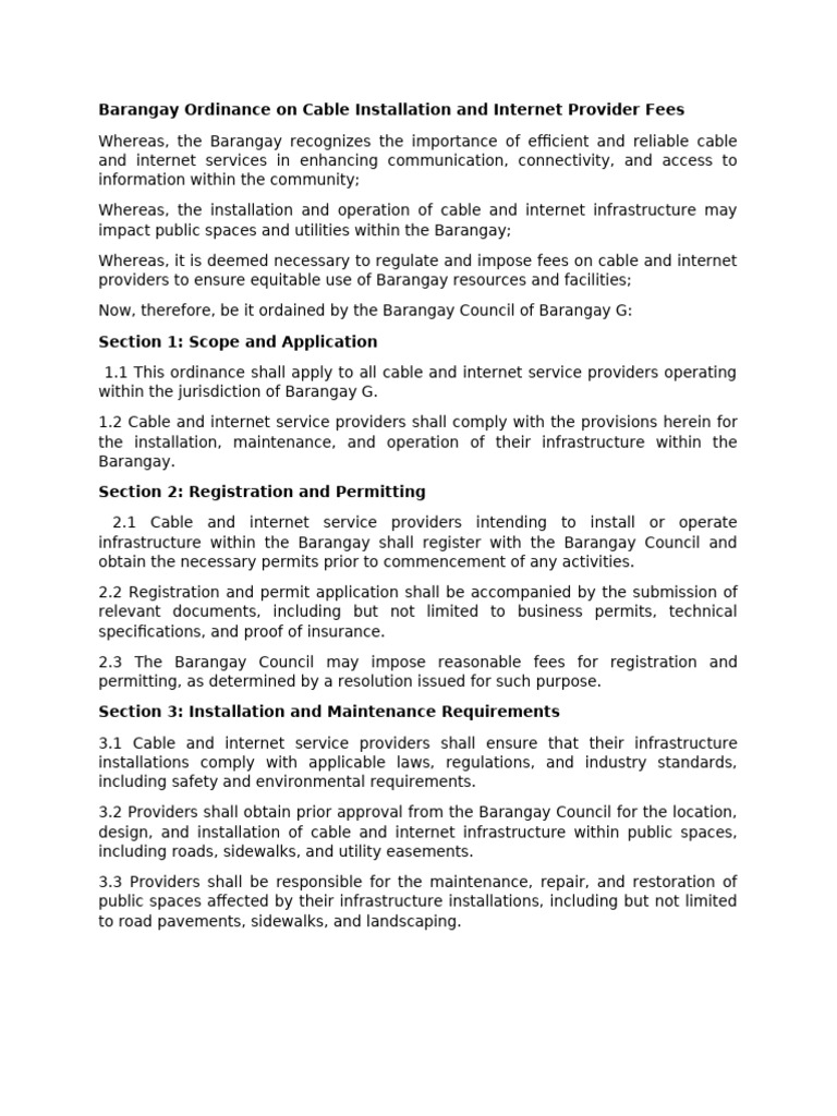 Barangay Ordinance On Cable Installation and Internet Provider Fees | PDF