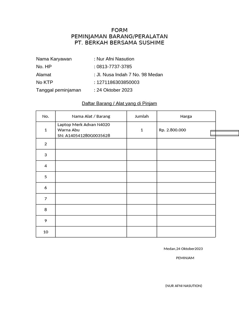 Form Peminjaman Barang Nur Afni | PDF