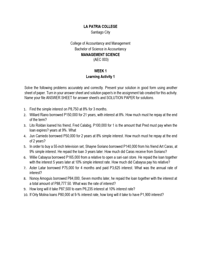 Management Science Week 1 Learning Activity (1) - 1 | PDF