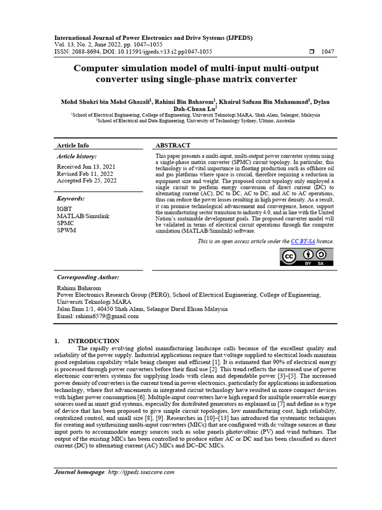 Computer Simulation Model Of Multi Input Multi Output Converter Using Single Phase Matrix