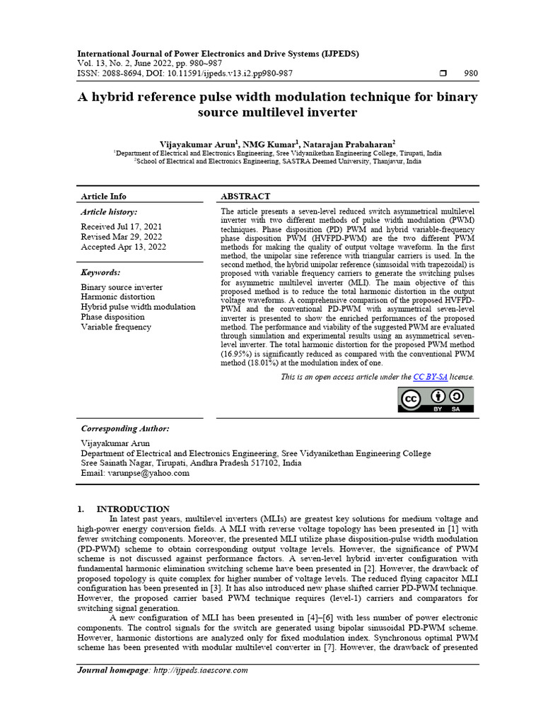 A Hybrid Reference Pulse Width Modulation Technique For Binary Source Multilevel Inverter | PDF ...