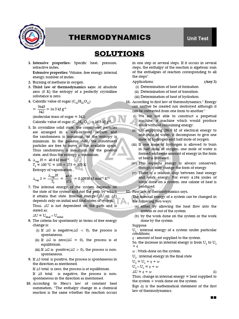 Thermodynamics - ISC 11th Chemistry - Self Assessment | PDF