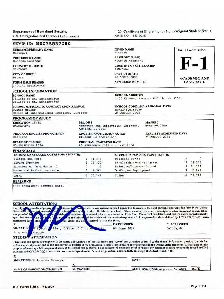 Official I-20 Form | PDF