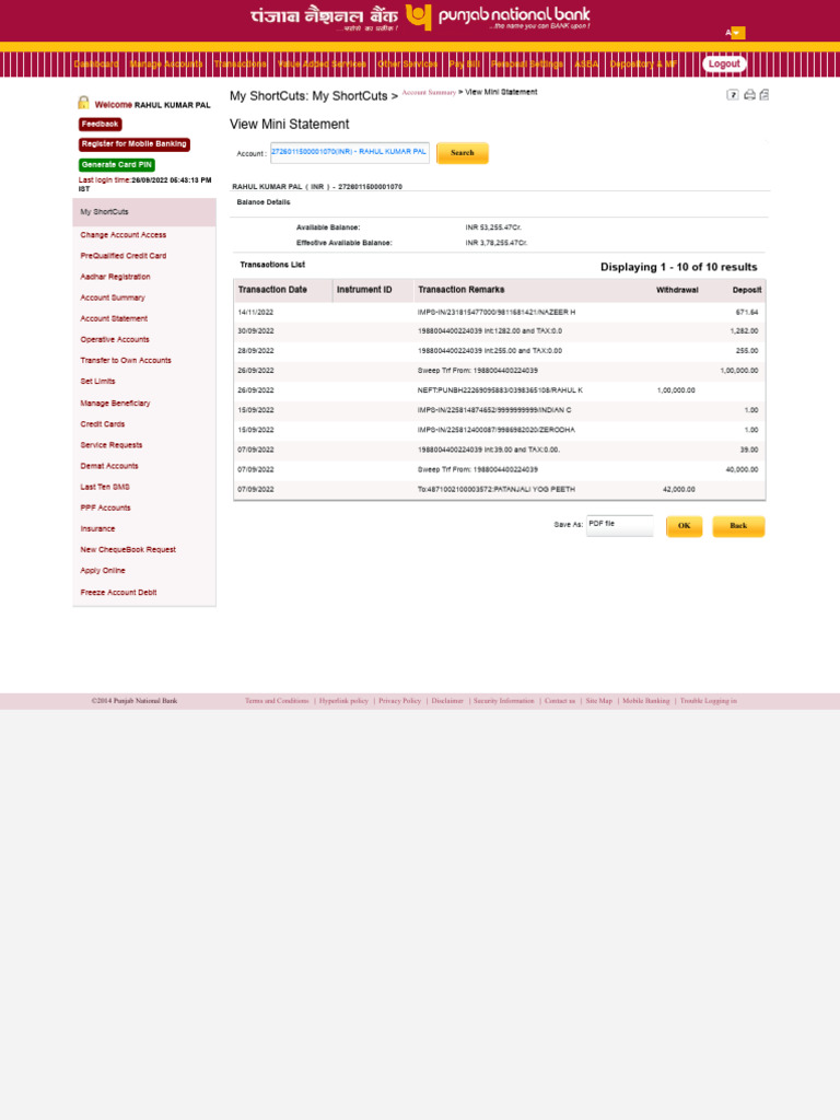 PNB E-BankingView Mini Statement | PDF