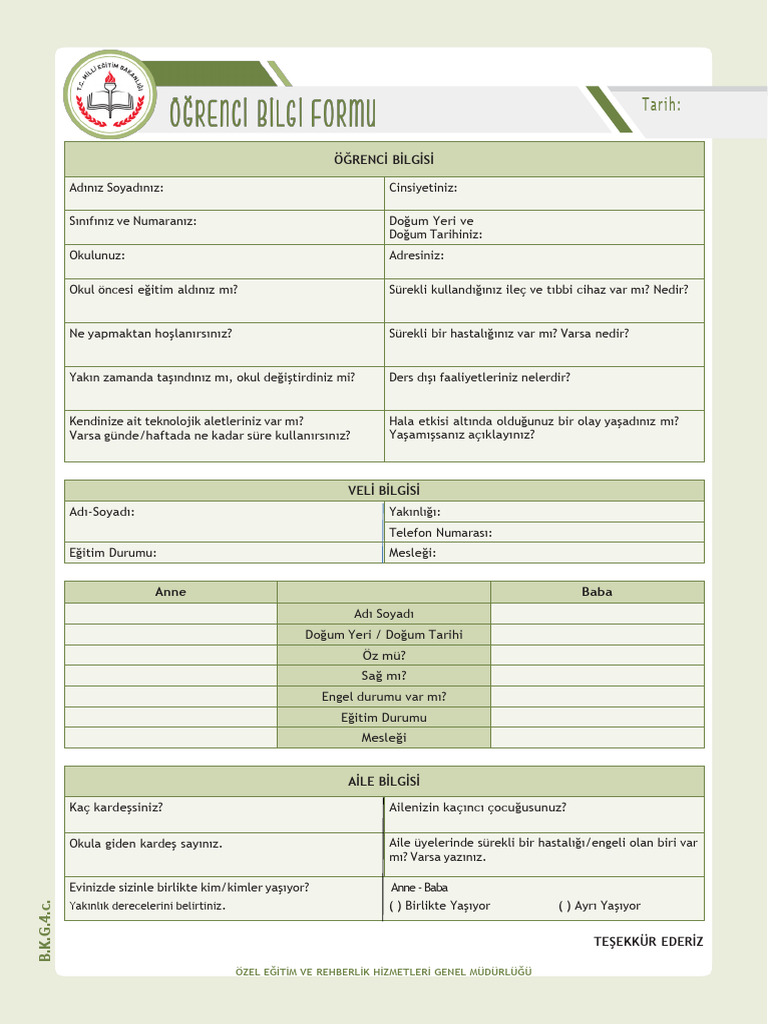 Öğrenci Bilgi Formu | PDF