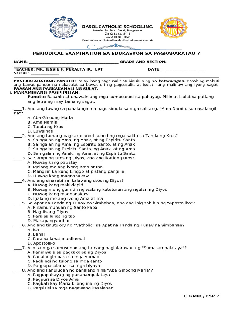 ESP-7-Q1-TQS-WITH-TOS-PERIODICAL-EXAMINATION | PDF