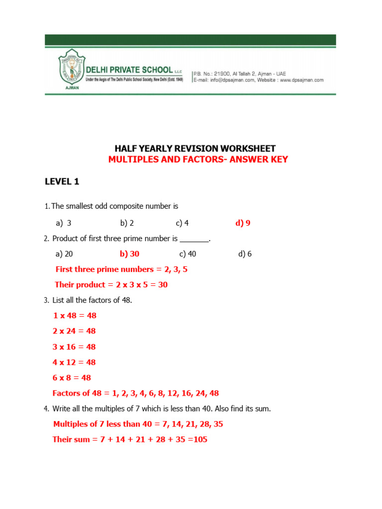 Grade 5 Multiples and Factors Revision WS ANSWER KEY | PDF