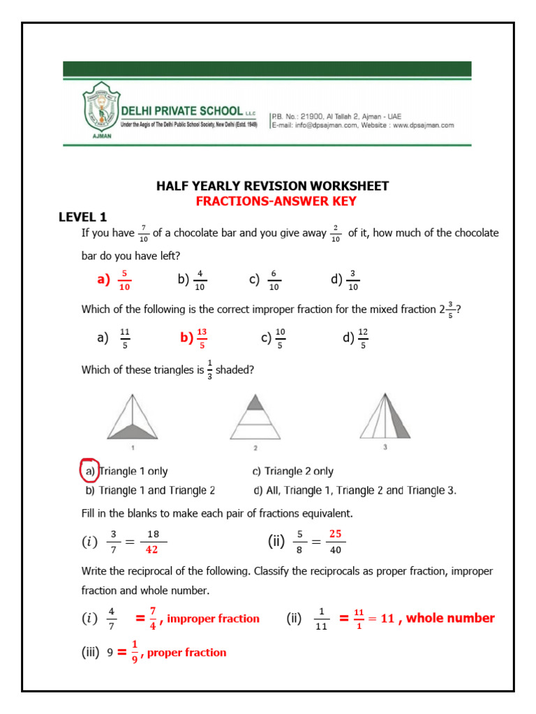 Grade 5 Fractions Revision WS ANSWER KEY | PDF