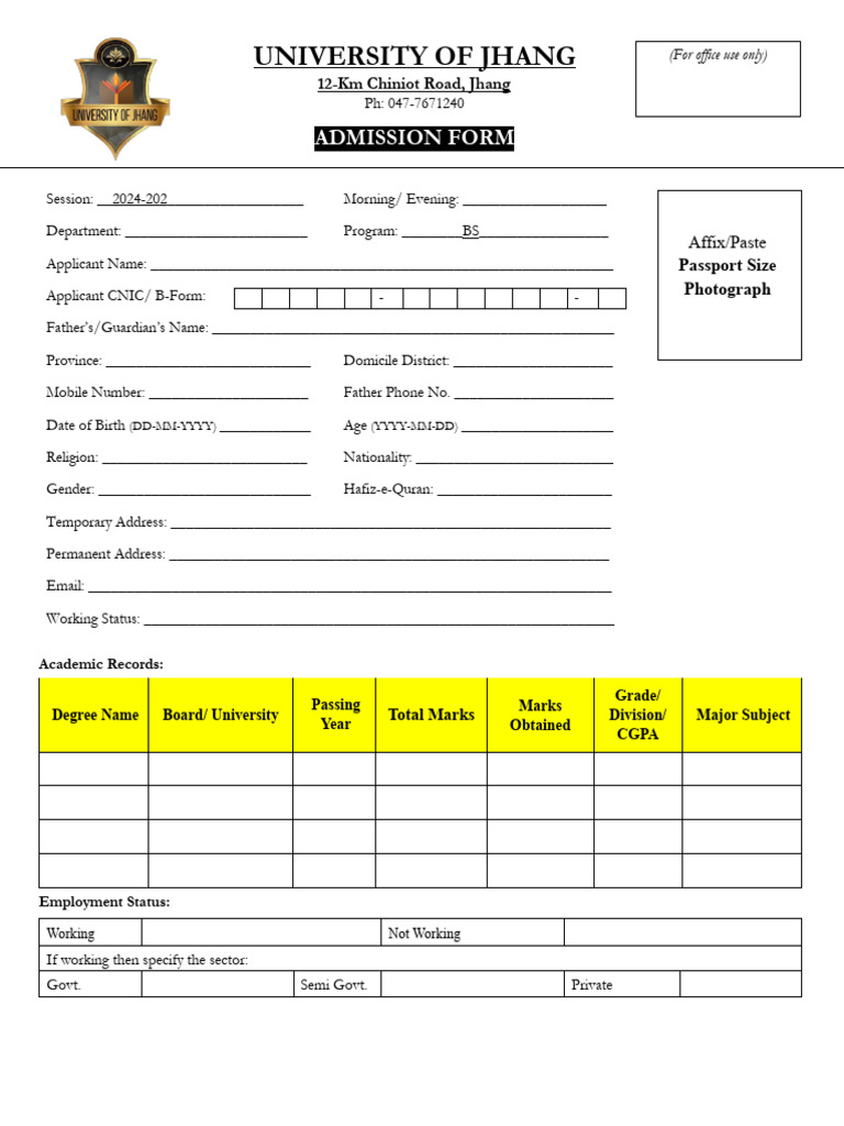 University of Jhang: Admission Form | PDF