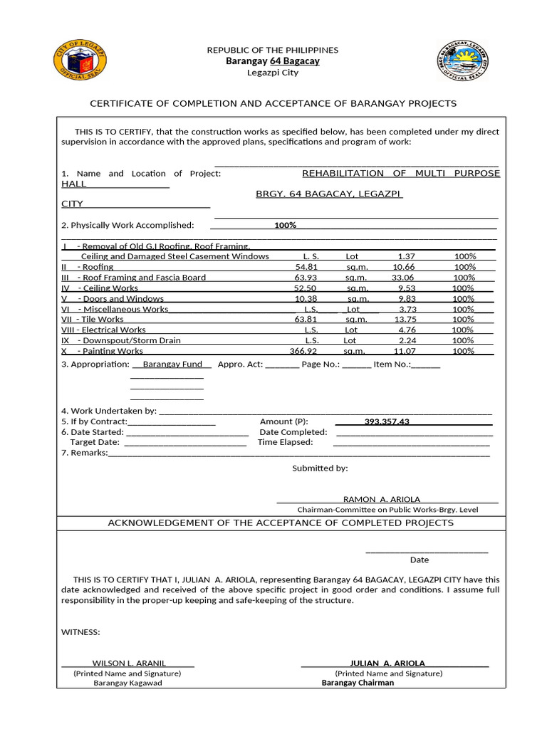 Cert. of Completion and Acceptance of Brgy. Project FINAL INSPECTION REPORT | PDF