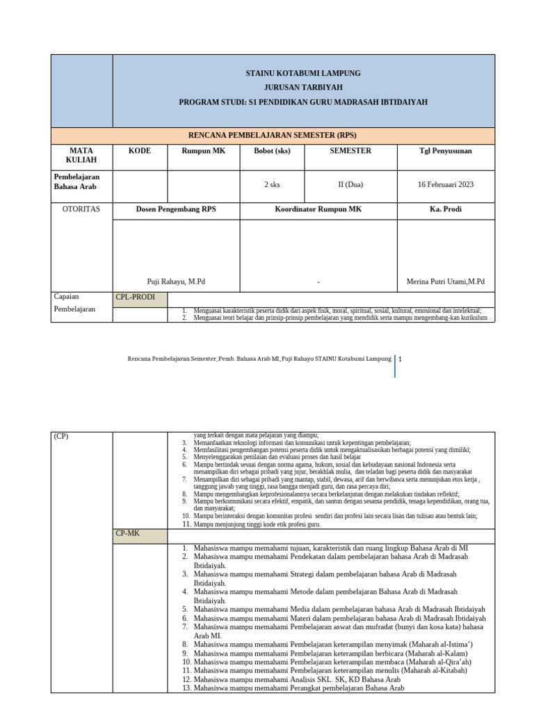 RPS Bahasa Arab PGMI SMSTR II | PDF