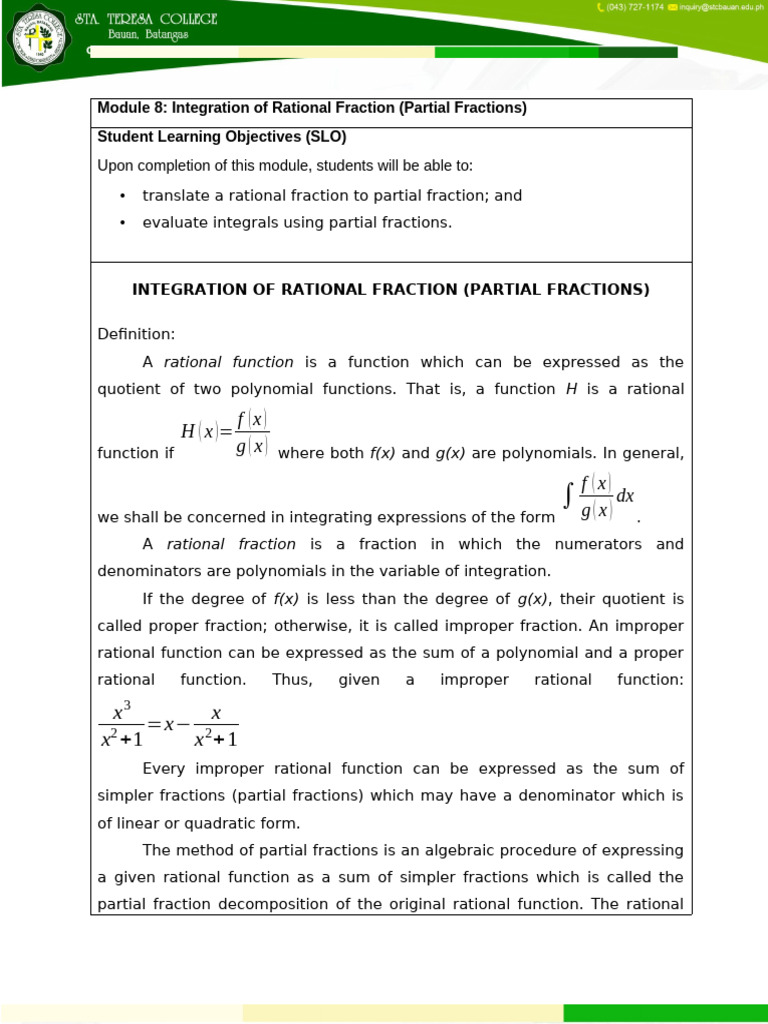 Mod8 Integration by Rational Fraction | PDF | Polynomial | Mathematical ...