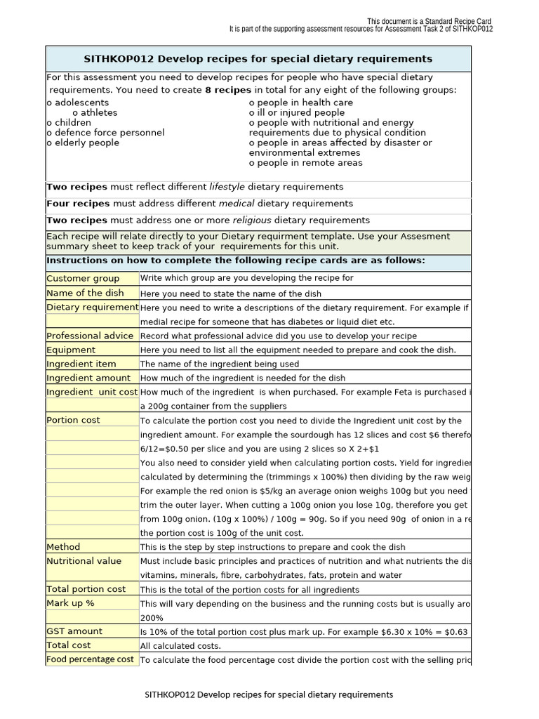SITHKOP012 Standard Recipe Card Template | PDF