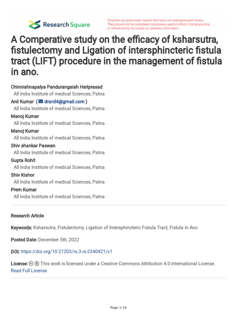 Efficacy of Fistula Treatments: LIFT vs Ksharsutra | PDF | Clinical ...