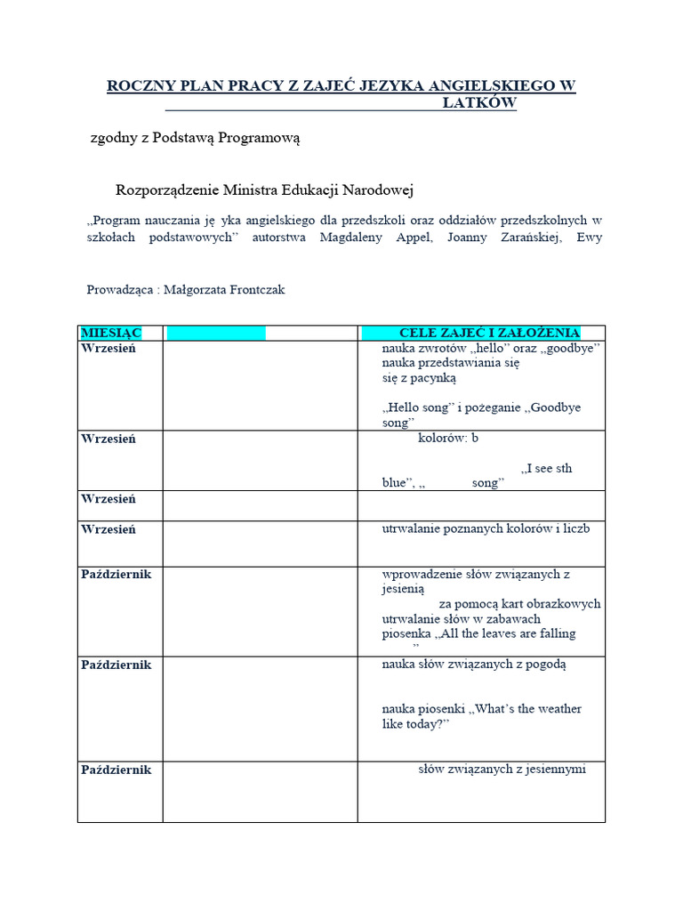 Roczny Plan Pracy Zajecia Dodatkowe Z Jezyka Angielskiego 3 4 Latki | PDF