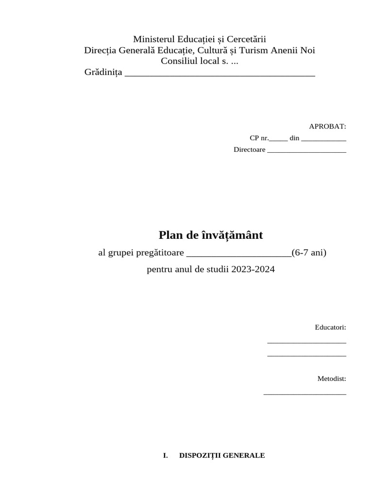 Model, Plan de Învățământ, Gr. Pregătitoare ! | PDF