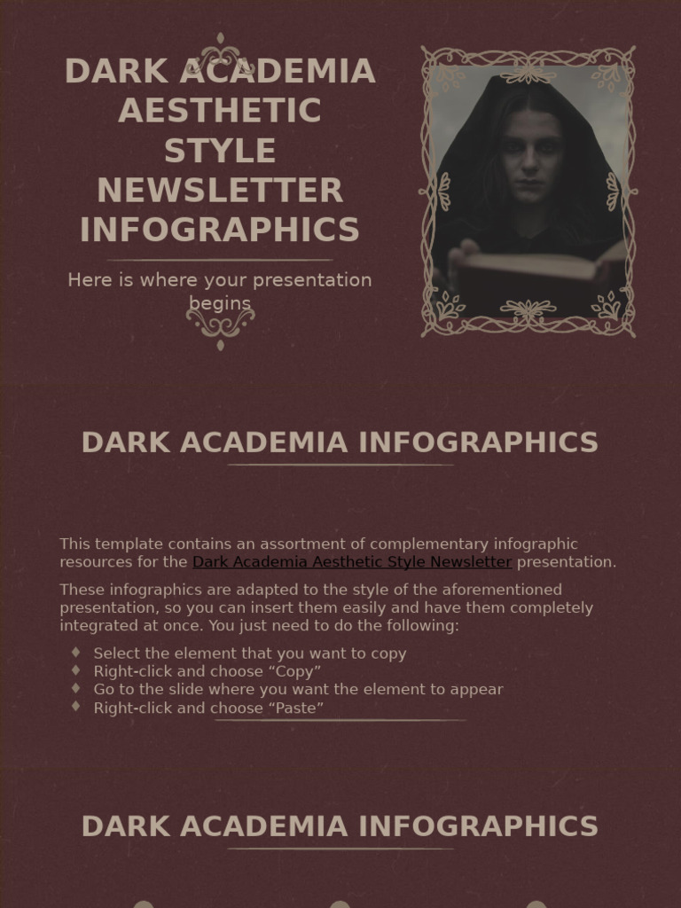 Dark Academia Aesthetic Style Newsletter Infographics by Slidesgo | PDF