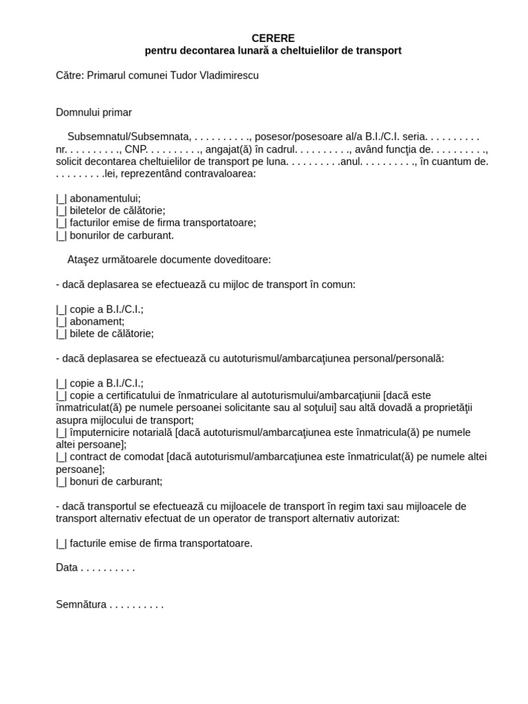 Cerere Decontare Lunara Transport | PDF