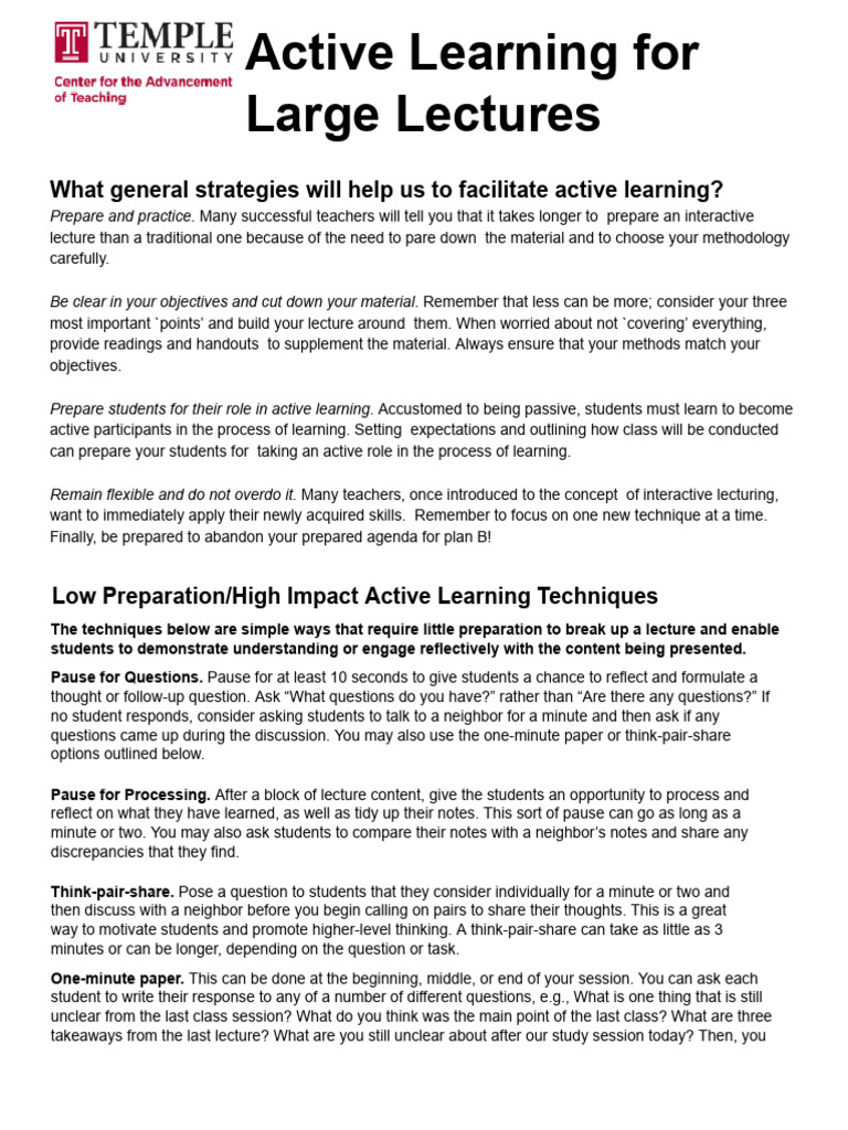 Handout - Active Learning Techniques For Large Lectures | PDF