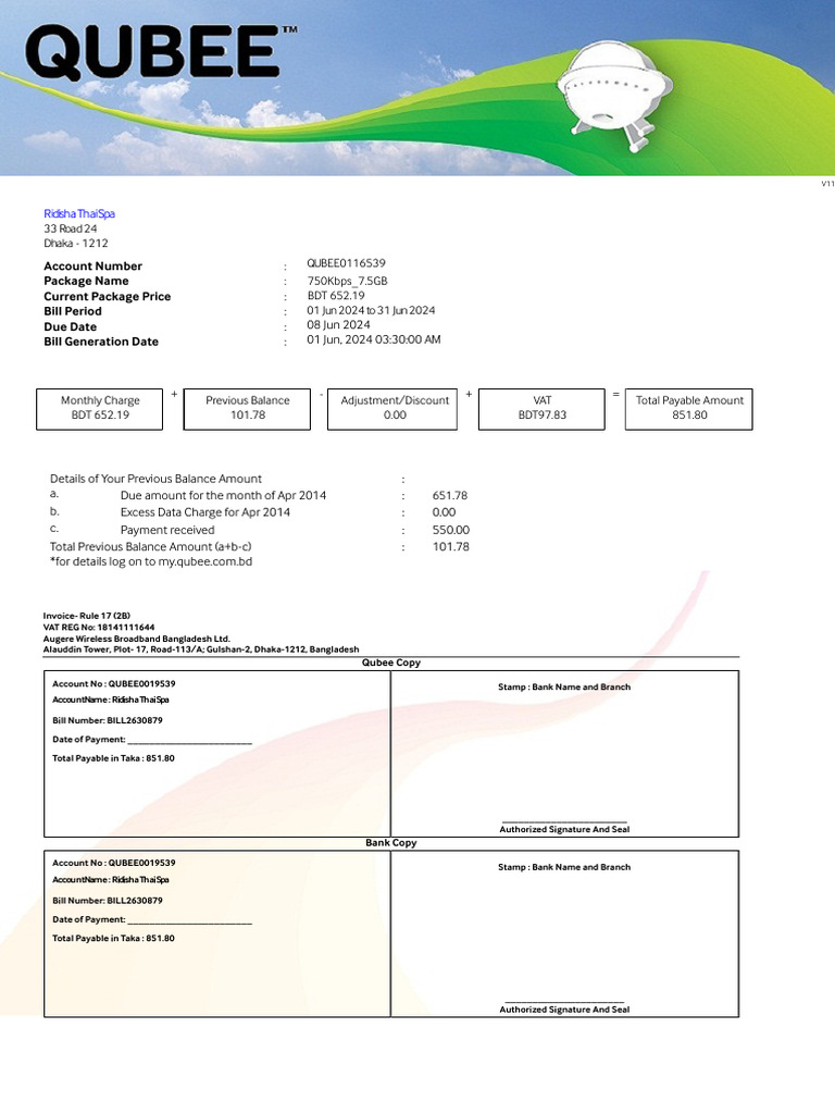 Ridisha Thai Spa - Wifi Bill | PDF