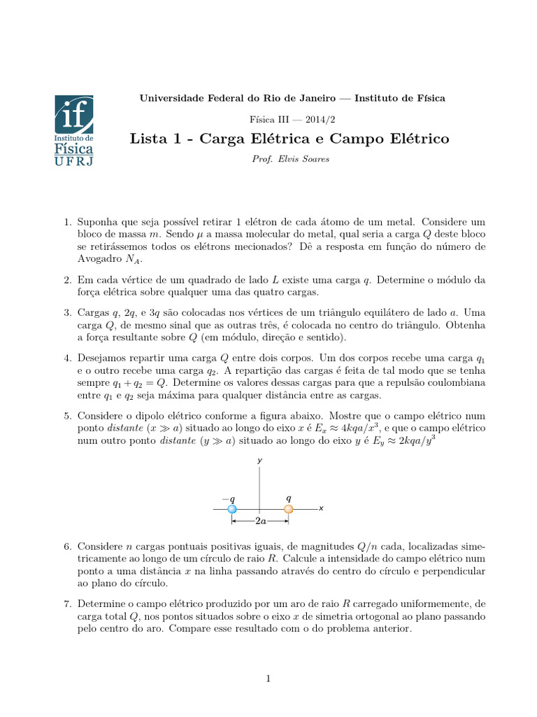 Lista 1-Carga Eletrica E-Campo Eletrico | PDF