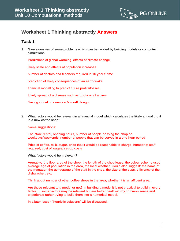 Computational Thinking Worksheet 1 Answers | PDF
