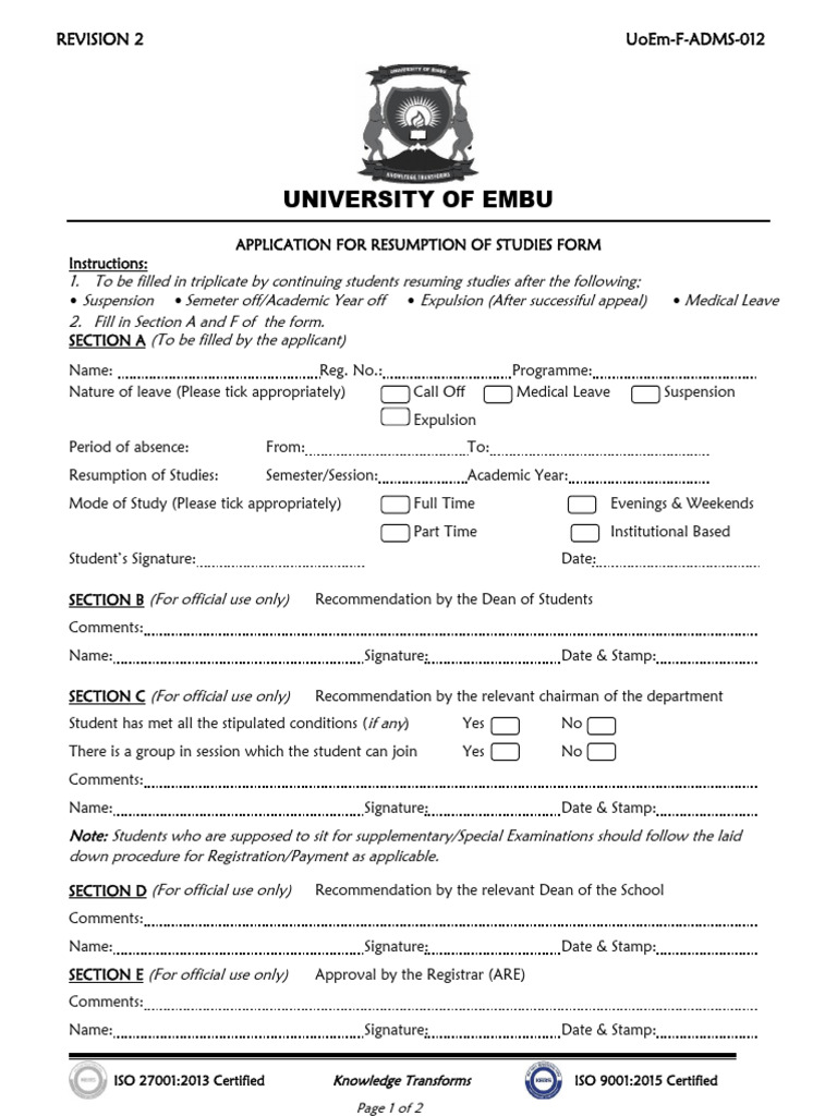 Form 012 Resumptionof Studies Form | PDF