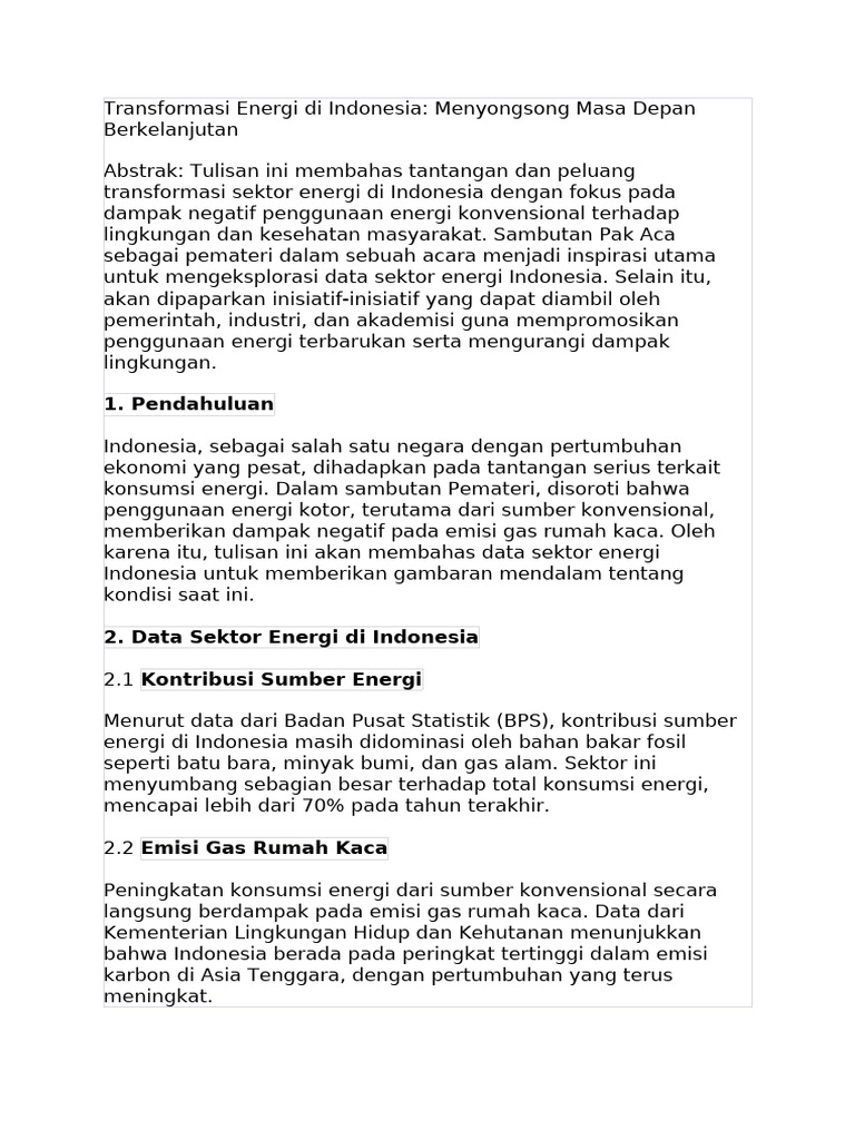 Transformasi Energi Di Indonesia, Menyongsong Masa Depan Berkelanjutan | PDF