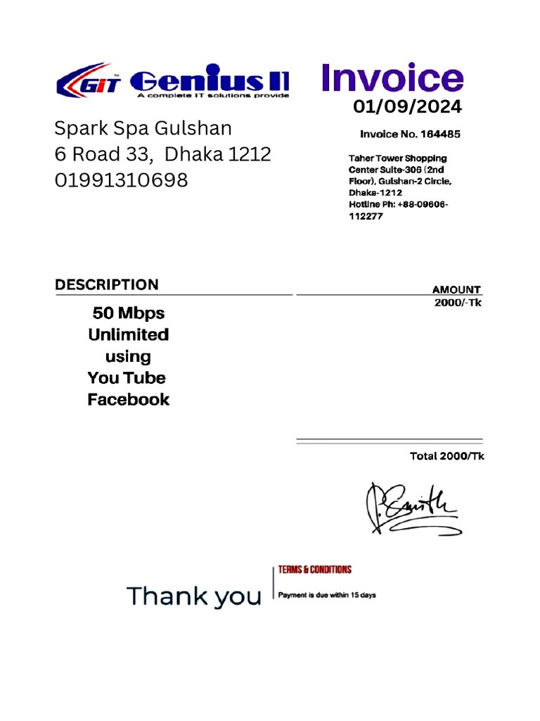 Spark Spa Gulshan - Internet Bill | PDF