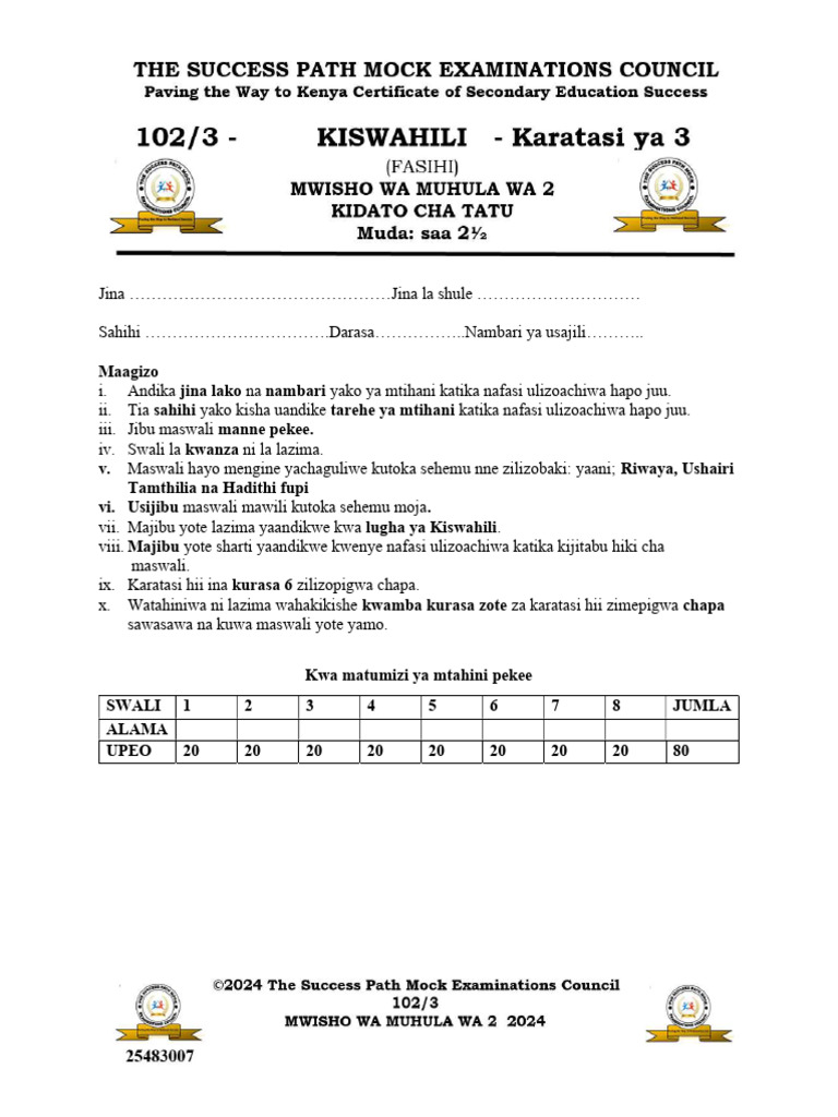 Kiswahili PP3 F3 T2 2024 | PDF