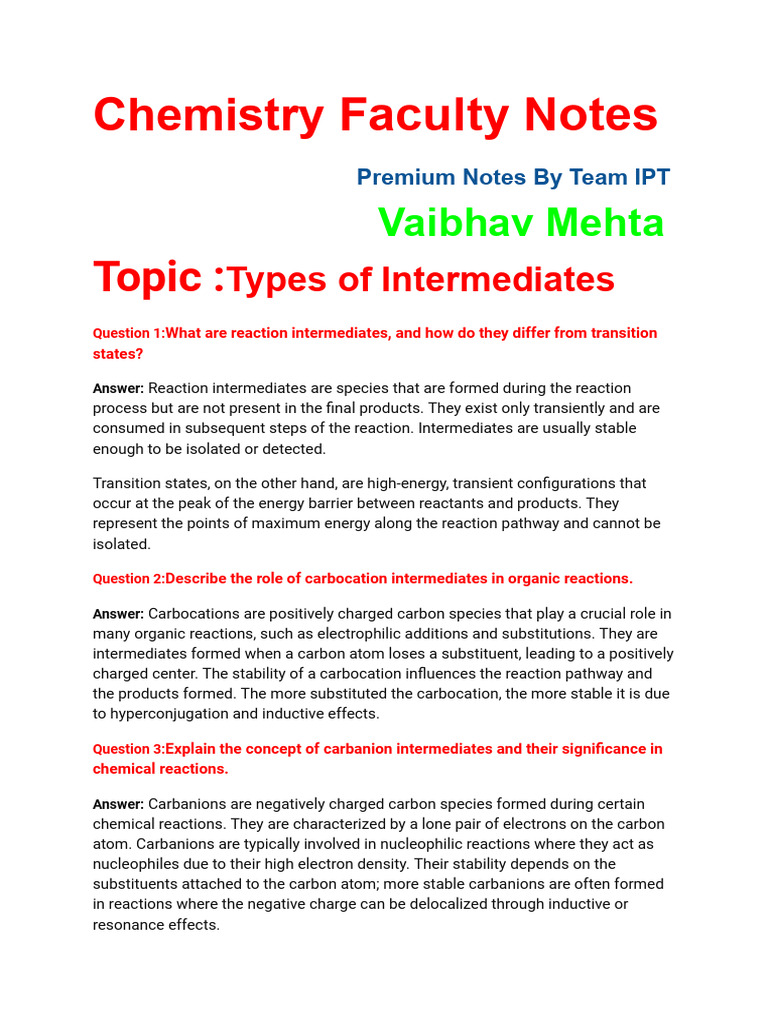 Chemistry Faculty Notes (Types of Intermediates) | PDF