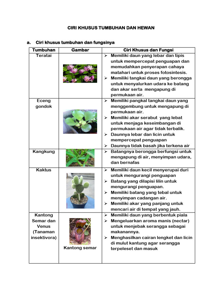 Ciri Khusus Tumbuhan Dan Hewan | PDF