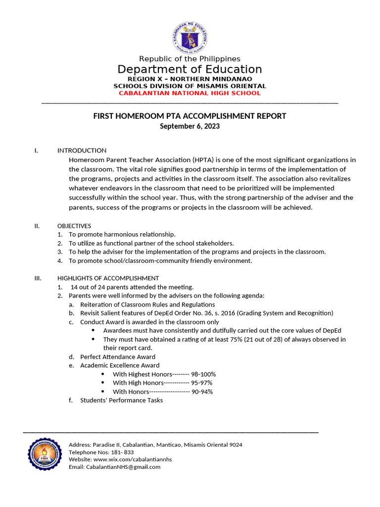 Homeroom Pta Accomplishment Reports and Minutes of Grade 7 Blissful ...