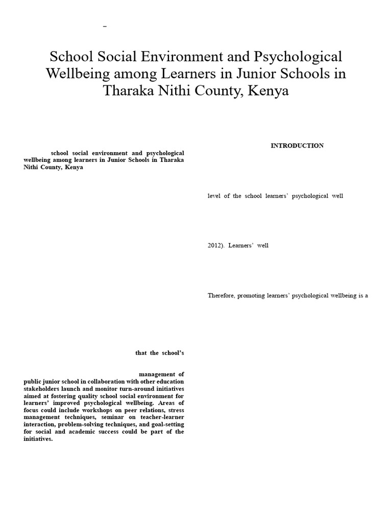 School Social Environment and Psychological Wellbeing Among Learners in ...