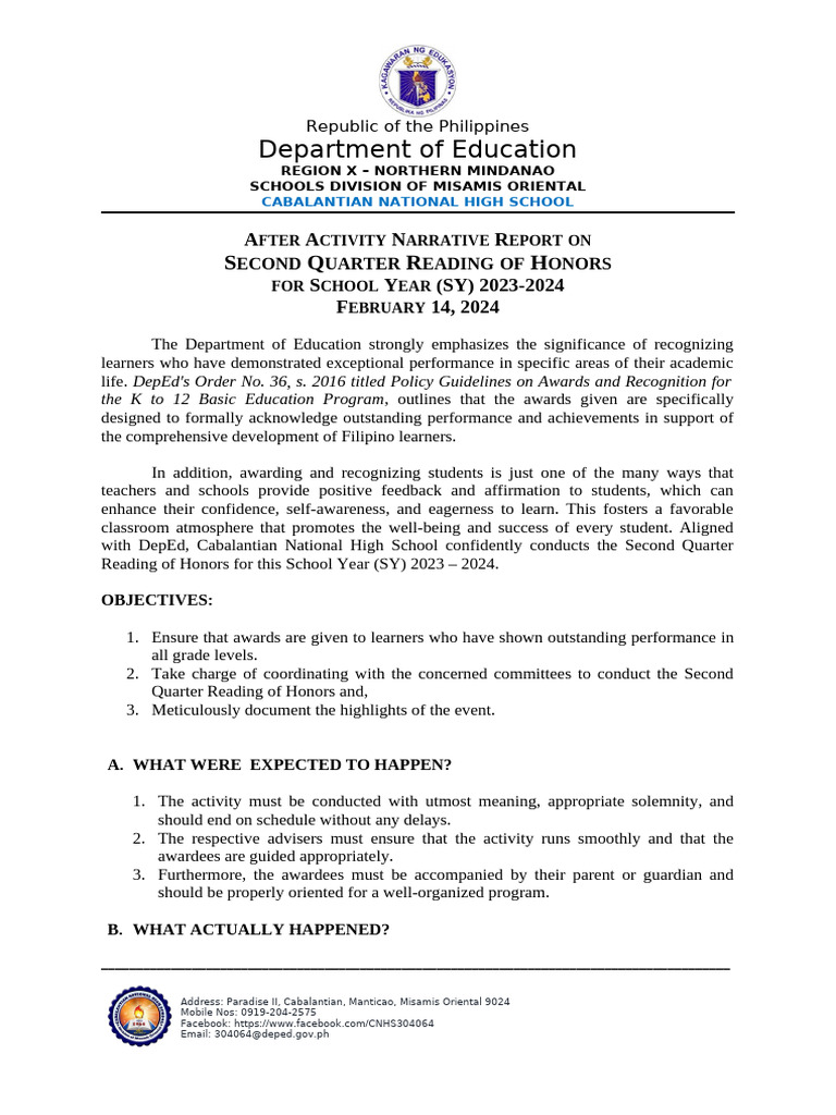 Q2 Reading of Honors Accomplishment Report - 2023-2024 | PDF