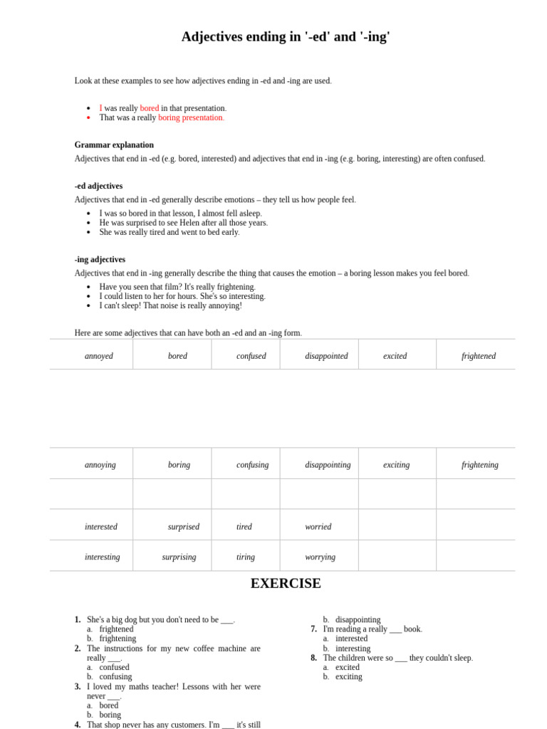 Adjectives ending in ED ING | PDF